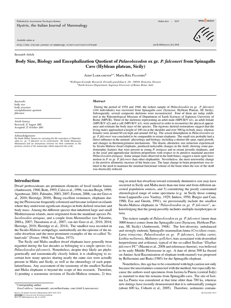 Biology and Encephalization Quotient of Palaeoloxodon | PDF | Elephant
