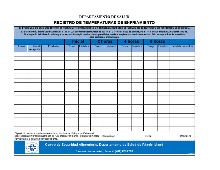 REGISTRO DE TEMPERATURAS DE ENFRIAMIENTO - Cooling Temperature Log ...