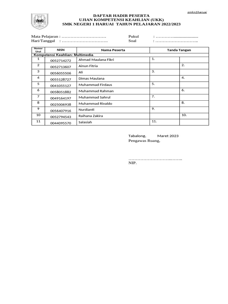 Daftar Hadir Peserta Ukk | PDF