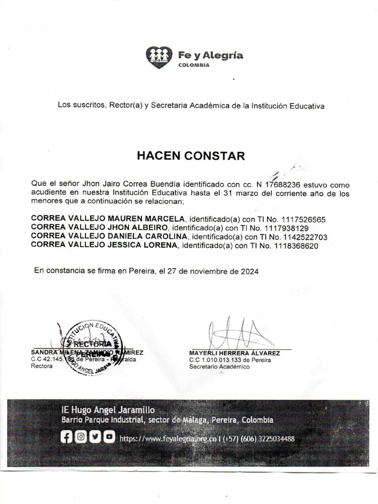 Certificado de Acudiente en El Colegio | PDF