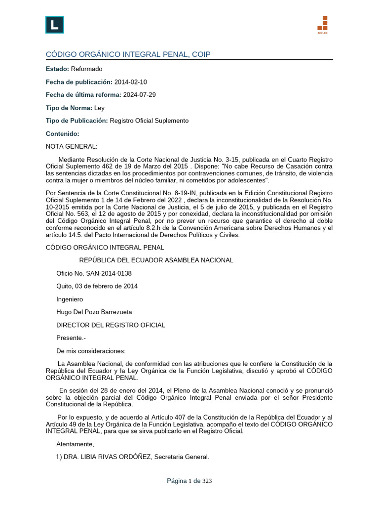 Código Orgánico Integral Penal 2024 | PDF | Derecho penal | Ley procesal