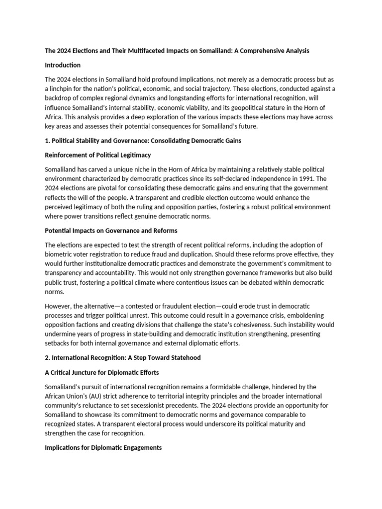 The 2024 Elections and Their Multifaceted Impacts On Somaliland | PDF ...