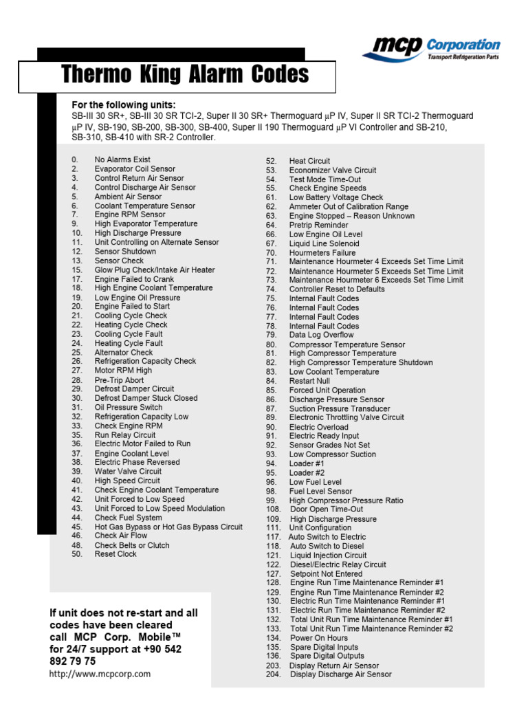 Thermoking Alarm Codes MCP | PDF | Engines | Coolant