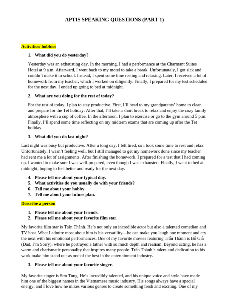 Aptis Speaking Part 1 Collection | PDF | Movie Theater | Homework