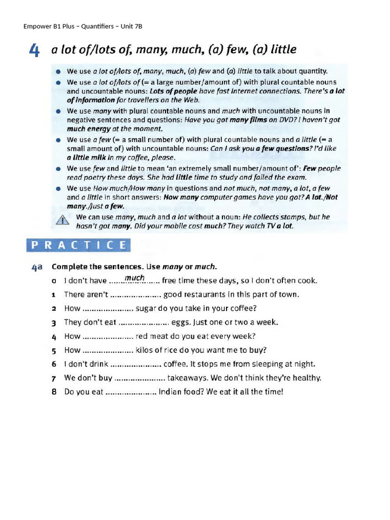 Empower B1 Plus – Quantifiers – Unit 7B | PDF
