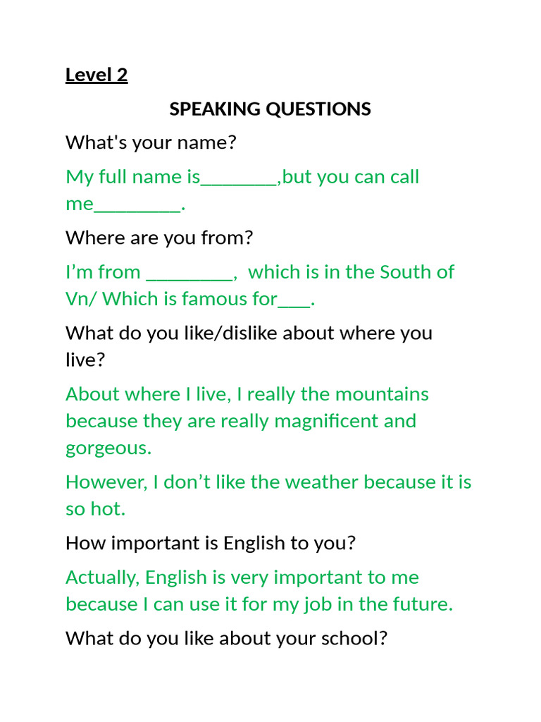 SpeakingnWriting Questions For Revision - Level 2 | PDF