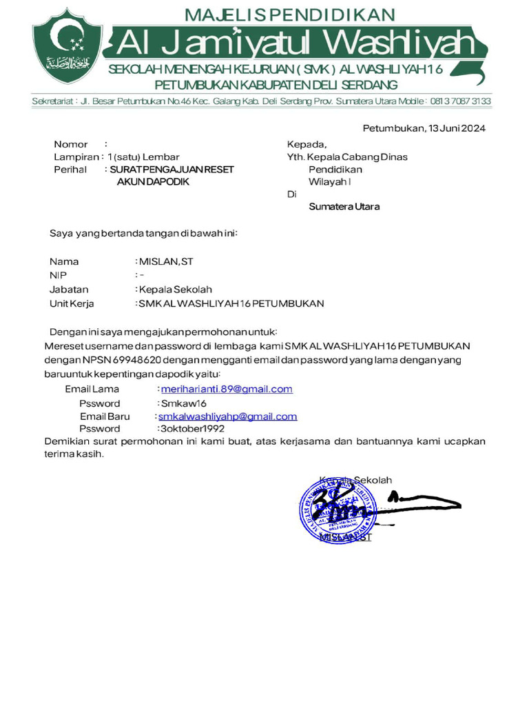 Surat Permohonan Reset Akun | PDF