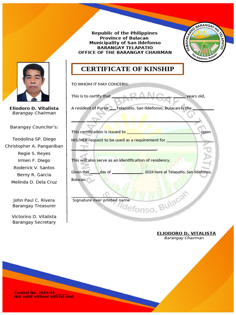 Barangay Certificate of Kinship | PDF