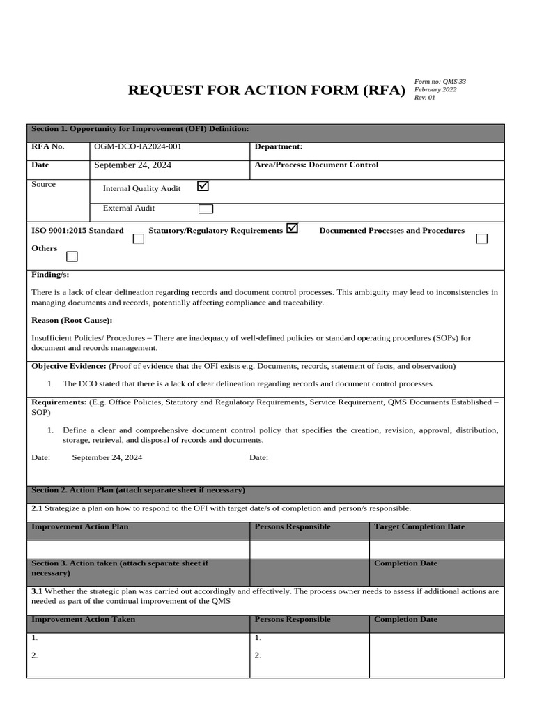 Request For Action Form DCO | PDF | Audit | Quality Management System