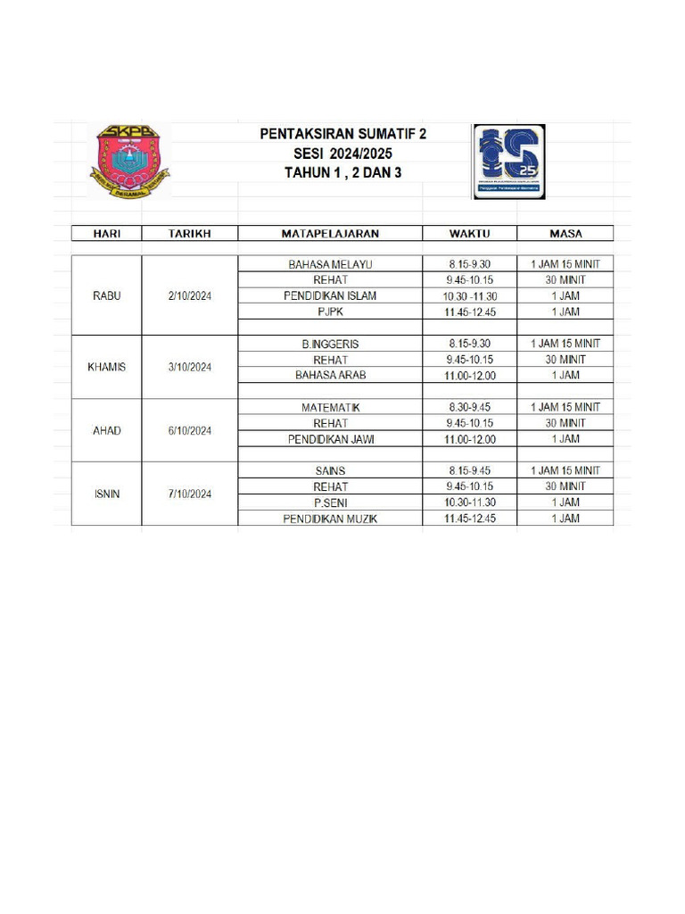 Jadual Exam - Tahap 1 Sumatif 2 Okt 2024 | PDF