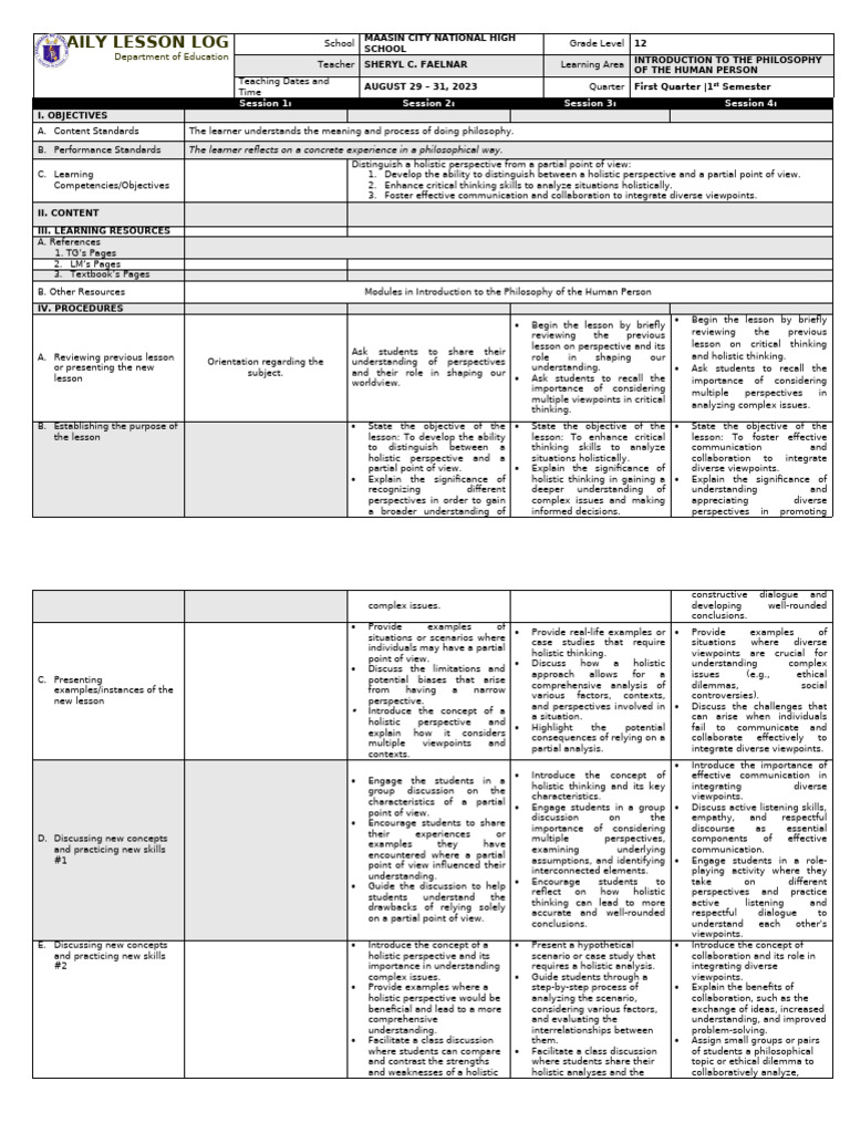 DLL Philosophy QUARTER 1 WEEK 1 | PDF | Reading Comprehension | Holism