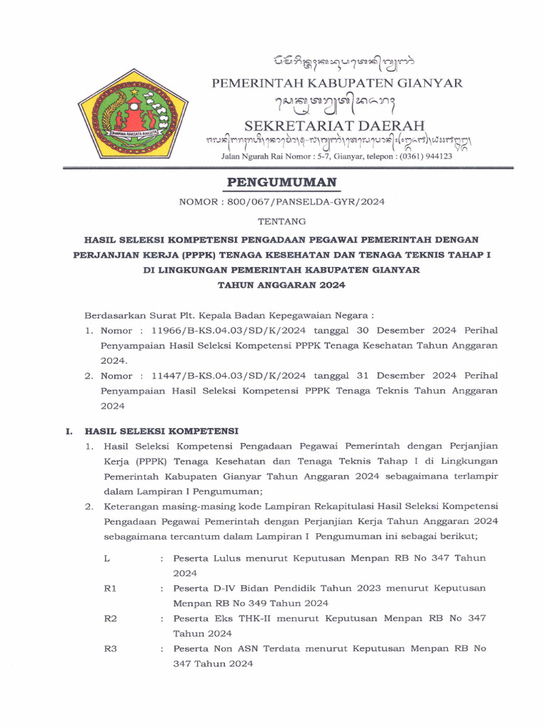 Pengumuman Hasil Seleksi Kompetensi PPPK Nakes Dan Teknis Tahap I | PDF