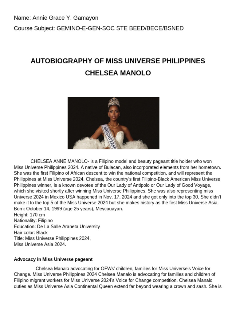 Autobiography of Miss Universe Philippines | PDF