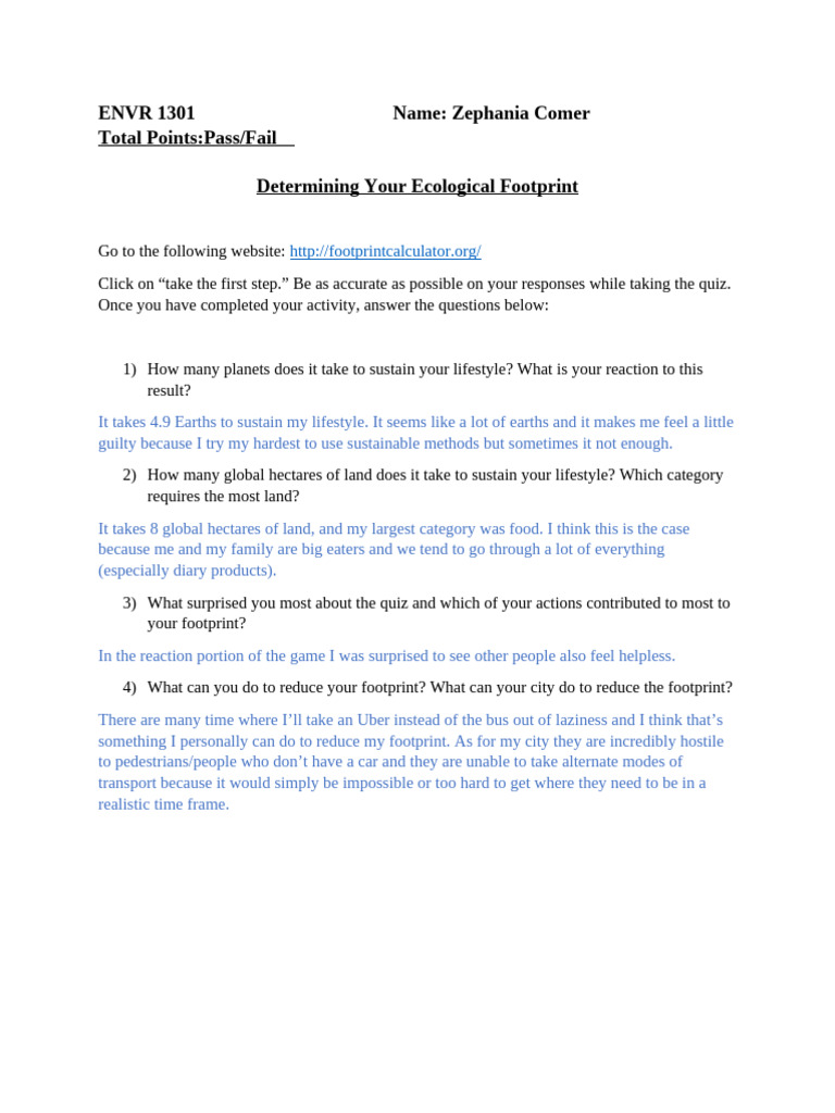 Lab 00 - Determining Your Ecological Footprint | PDF