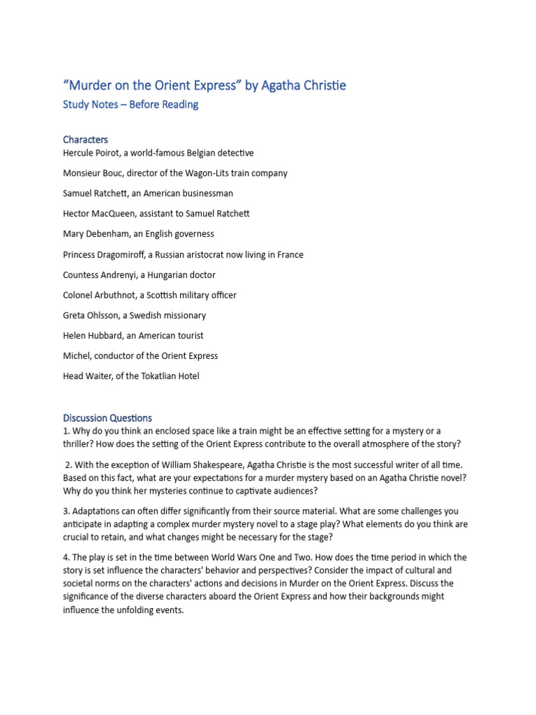 Murder On The Orient Express - Study Notes | PDF | Hercule Poirot ...