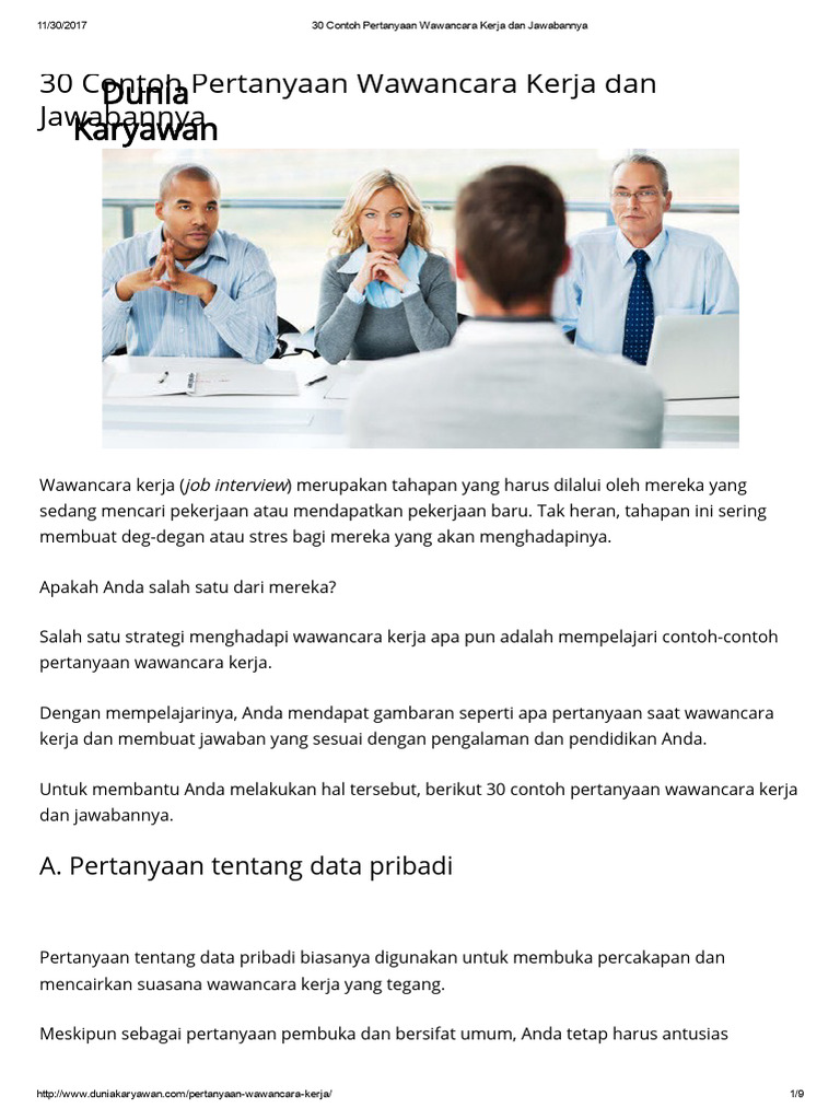 30 Contoh Pertanyaan Wawancara Kerja dan Jawabannya | PDF