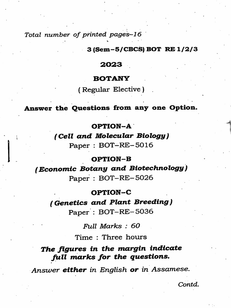 Botany (Regular Elective) 5th Semester 2023 | PDF