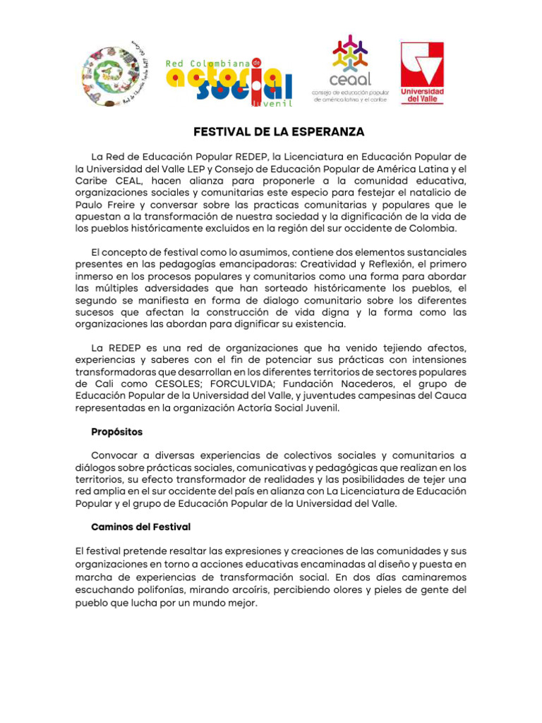 Convocatoria Pre Festival Popayán - Festival de La Esperanza | PDF