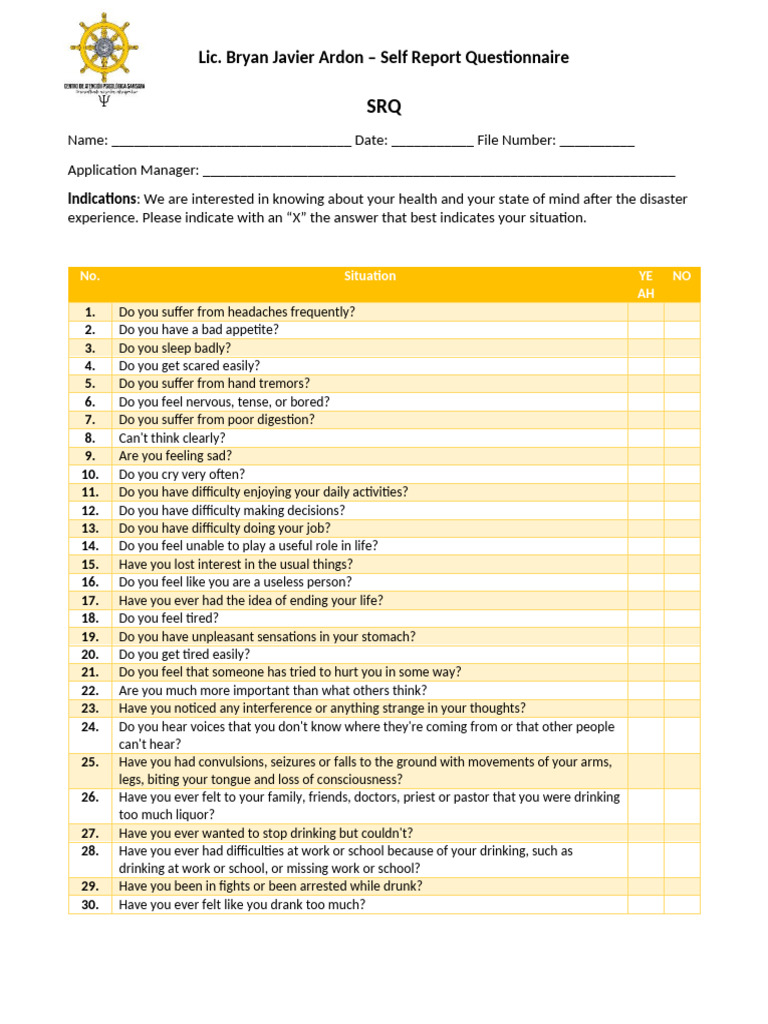 SRQ (Self Reporting Questionnaire) | PDF | Self Report Study | Psychosis