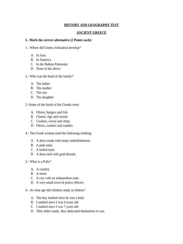 Ancient Greece History Test Questions | PDF | Ancient Greece | Greece
