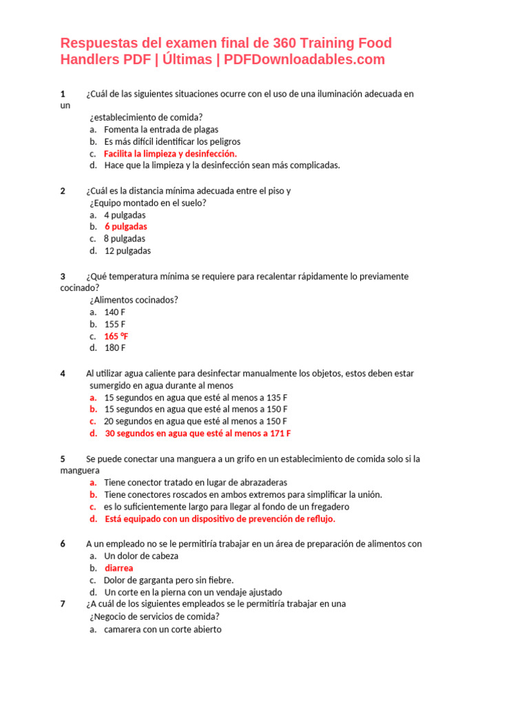 360 Entrenamiento Manipuladores de Comida Respuestas Examen Final PDF ...