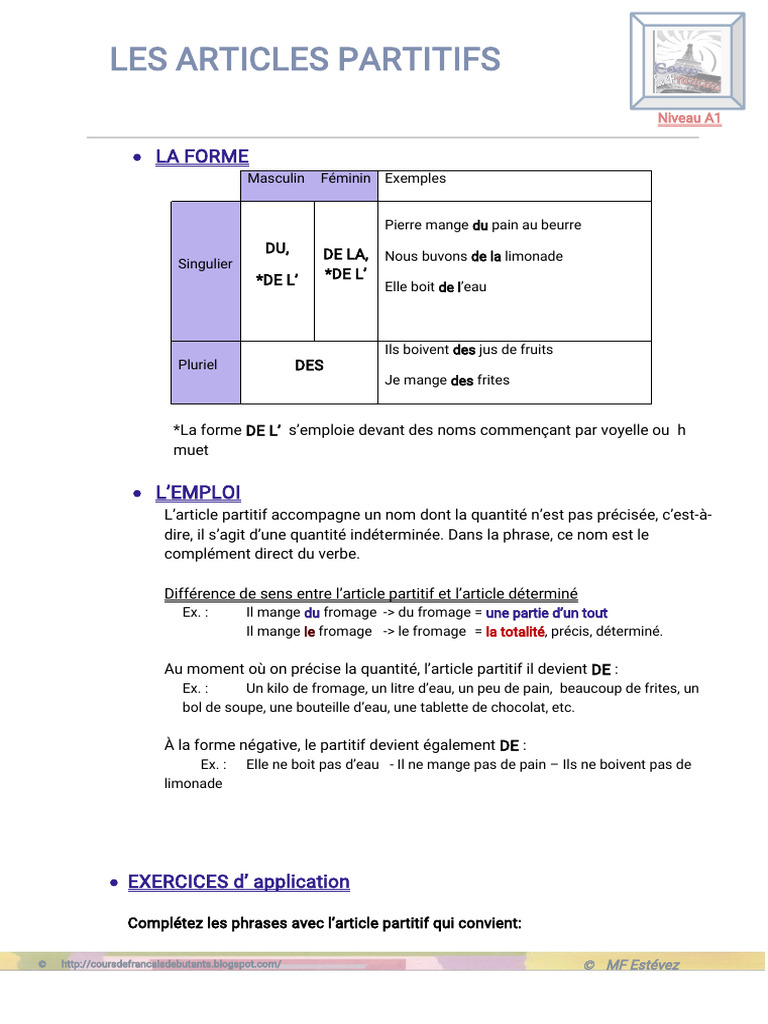 Exercices sur les articles partitifs | PDF