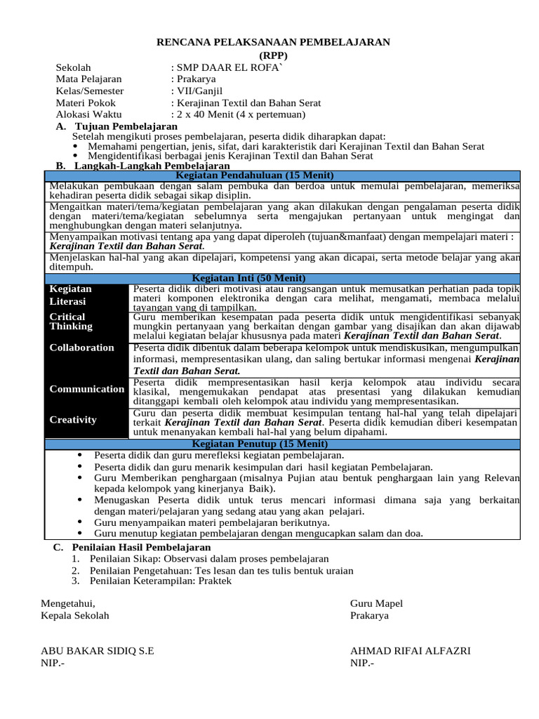 RPP Prakarya Kelas 7 Semester 1 Dan 2 | PDF