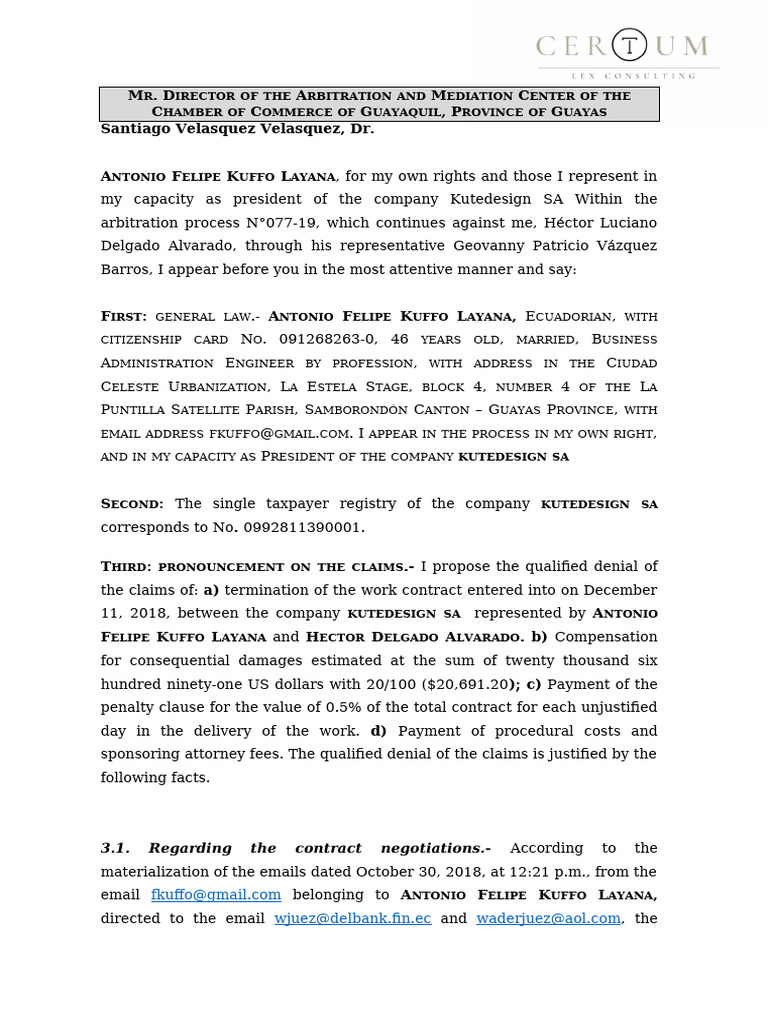 Arbitration Case Summary: Kutedesign SA | PDF | Breach Of Contract | Private Law