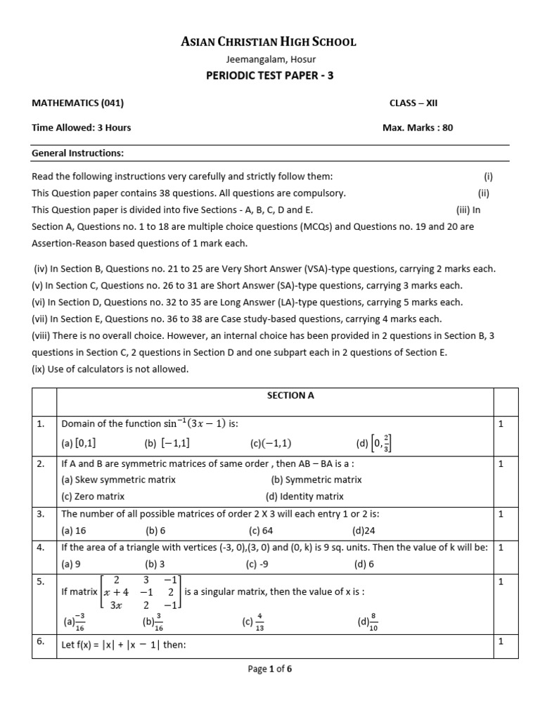 Periodic Test Paper - 3 QP | PDF | Matrix (Mathematics) | Mathematical ...
