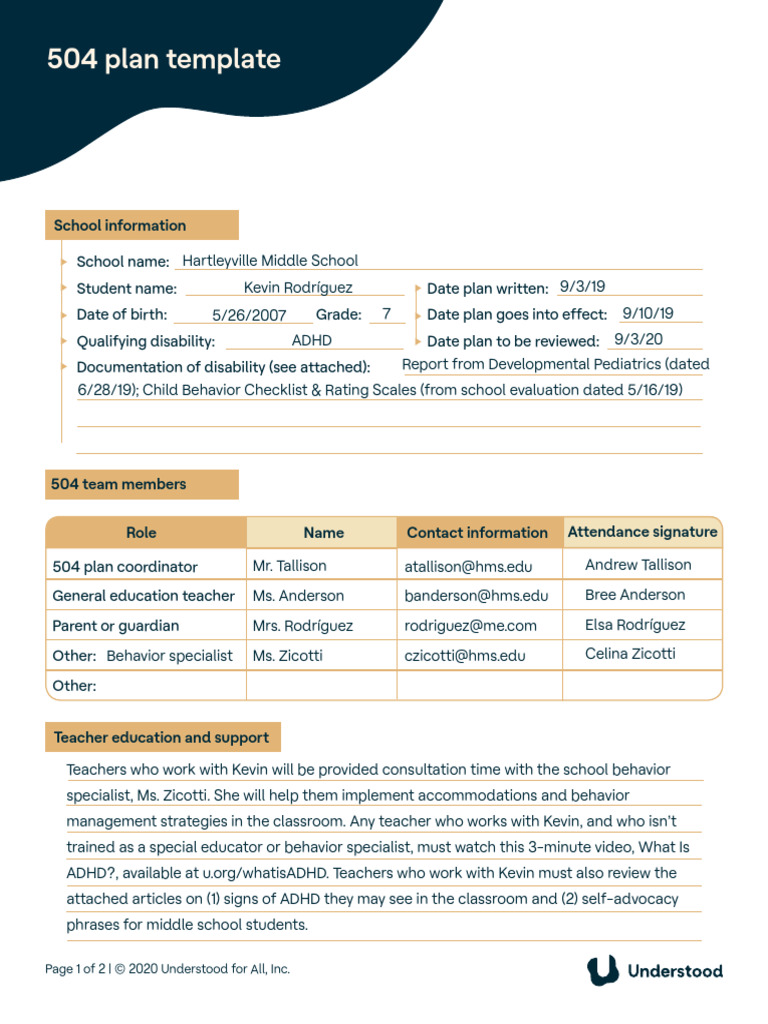 504_Sample_Plan_Printable_ENG_D4 | PDF | Teachers | Attention Deficit ...