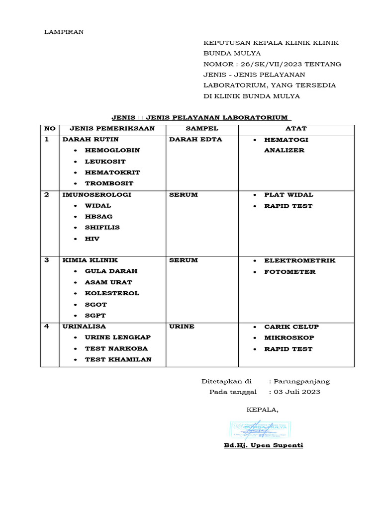 EP-1 SK Jenis Pelayanan Lab KlinikBunda Mulya Rev2 | PDF