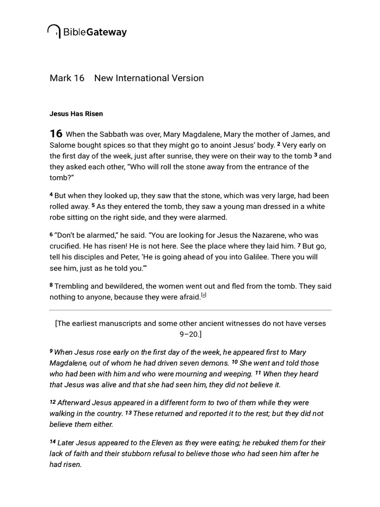 Mark 16 NIV - Jesus Has Risen - When The Sabbath Was - Bible Gateway ...
