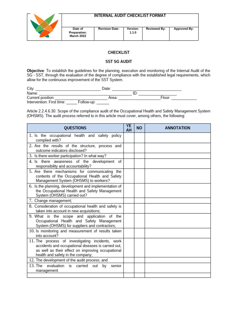Internal Audit Checklist Format | PDF | Audit | Occupational Safety And ...
