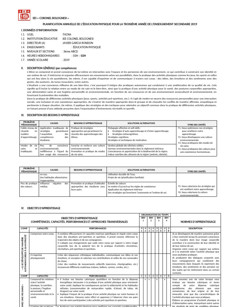 PLANIFICATION ANNUELLE DE L'ÉDUCATION PHYSIQUE | PDF | Apprentissage ...