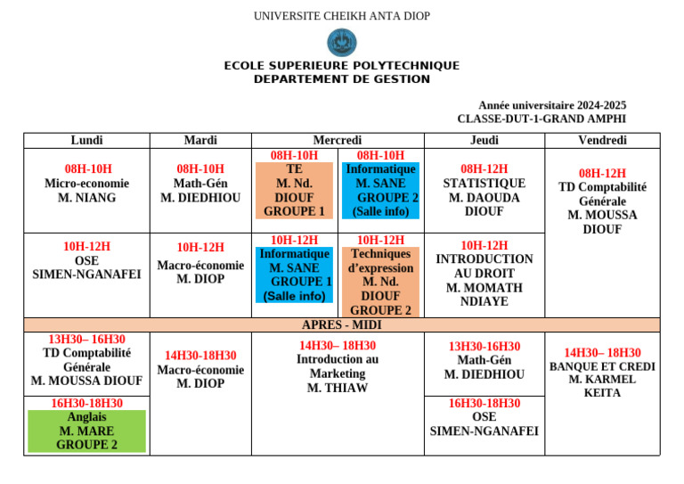 Emploi du temps DUT 2024-2025 | PDF