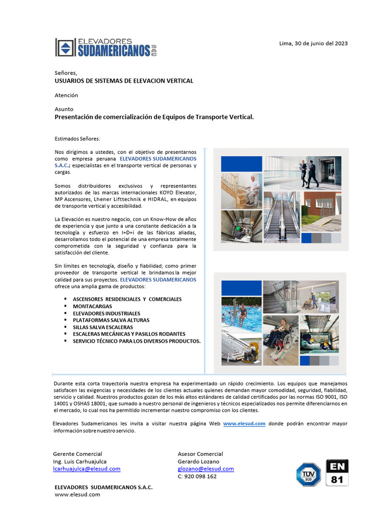 Carta de presentación - ELESUD_ | PDF | Ascensor | Business