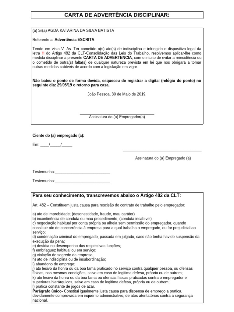 Carta de Advertência Disciplinar | PDF | Justiça | Crime e Violência