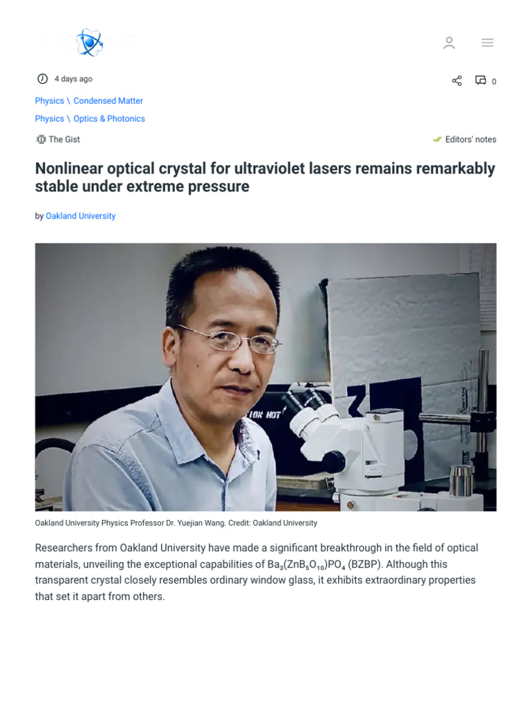 Nonlinear Optical Crystal For Ultraviolet Lasers Remains Remarkably ...