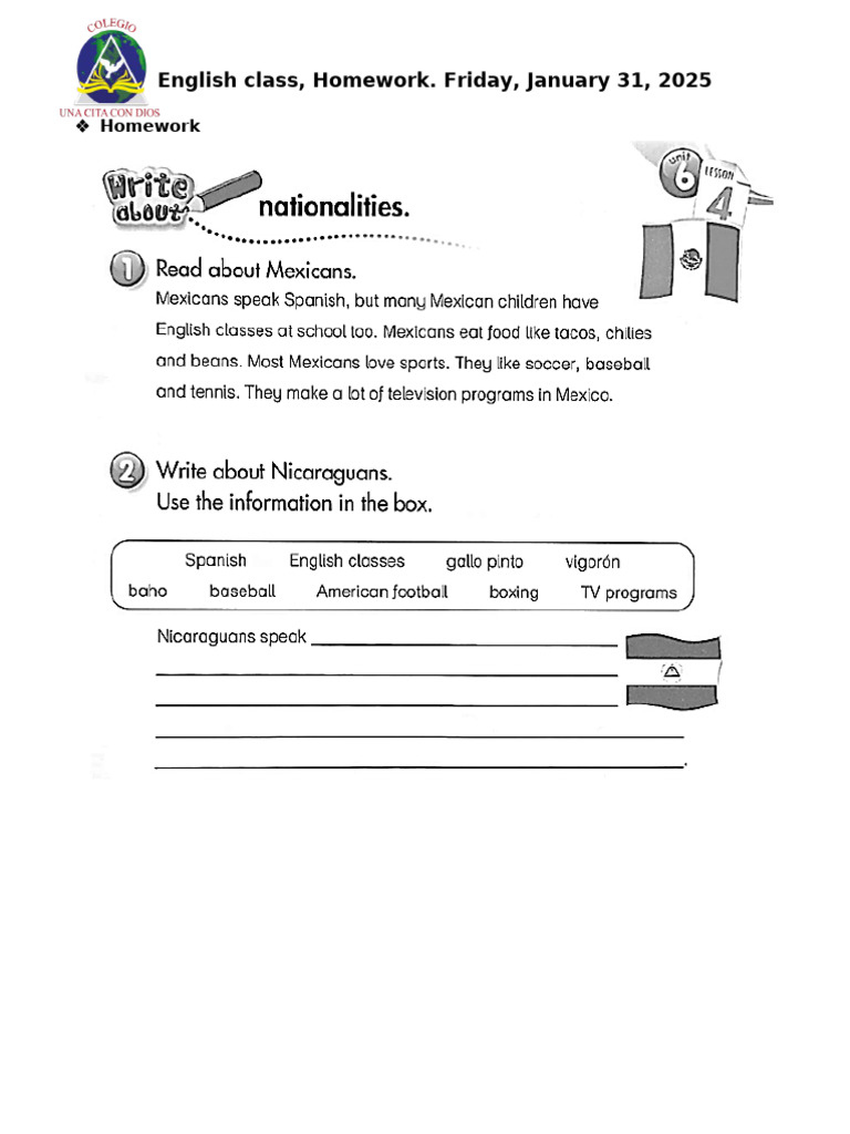 English Class Homework 6th Grade, January 31st | PDF