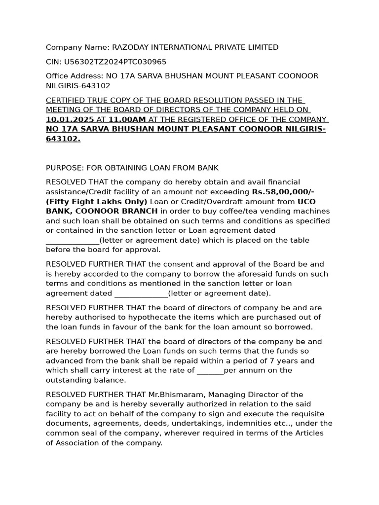 Board Resolution for Bank Loan Approval | PDF