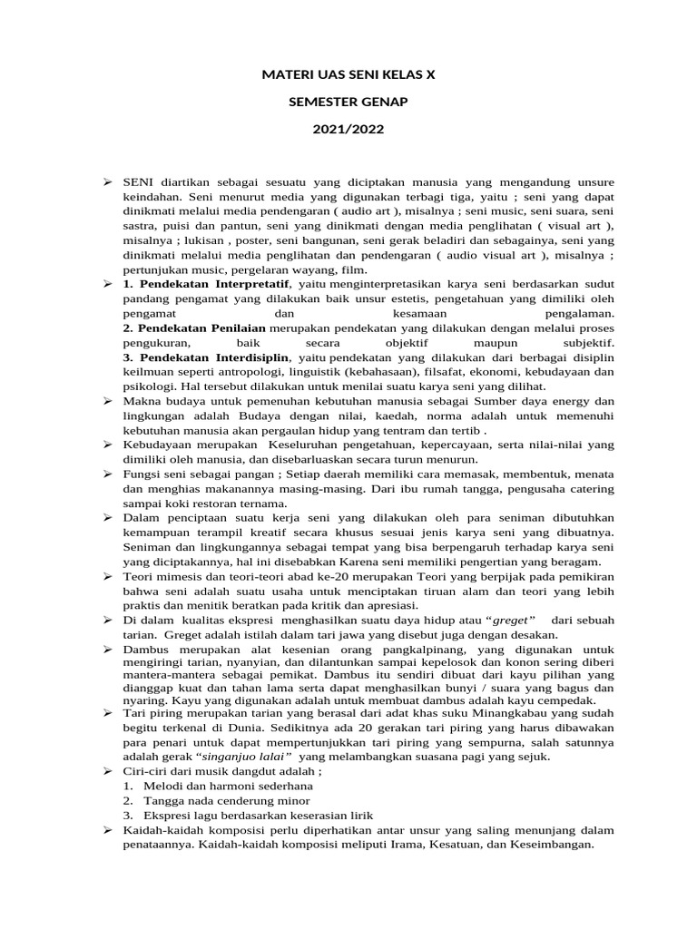 Materi UAS Seni Budaya X Genap 2022 | PDF