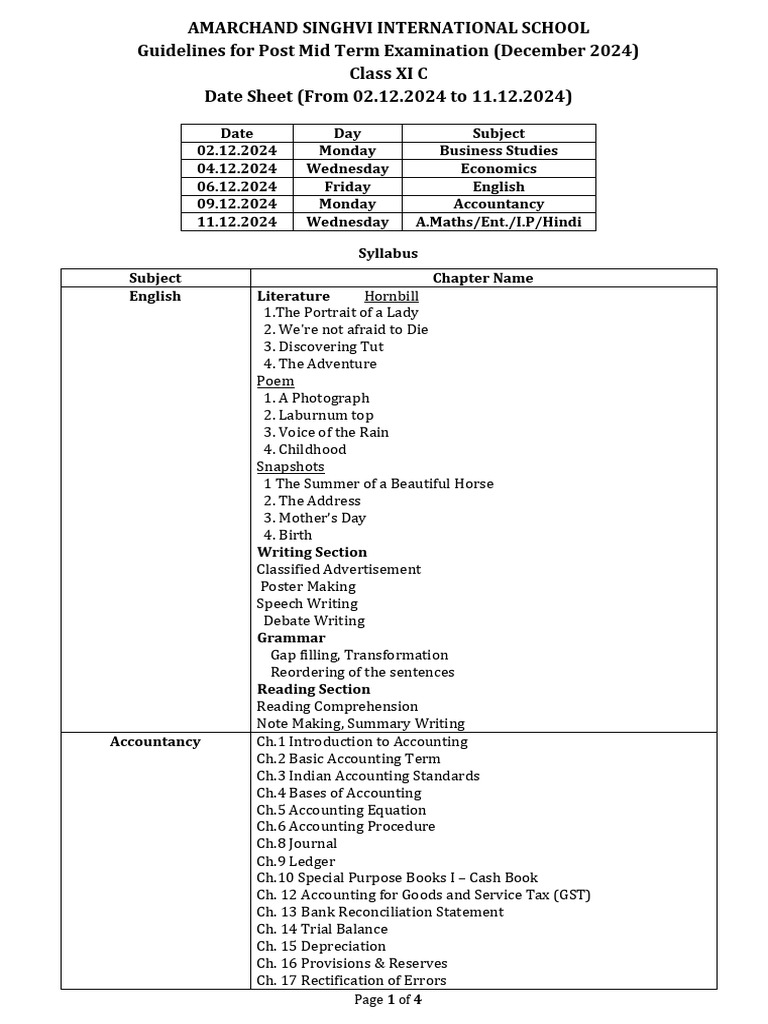 Class XI C Date Sheet, Syllabus & Marks Allocation of Post Mid Term Examination (02.12.2024 to ...