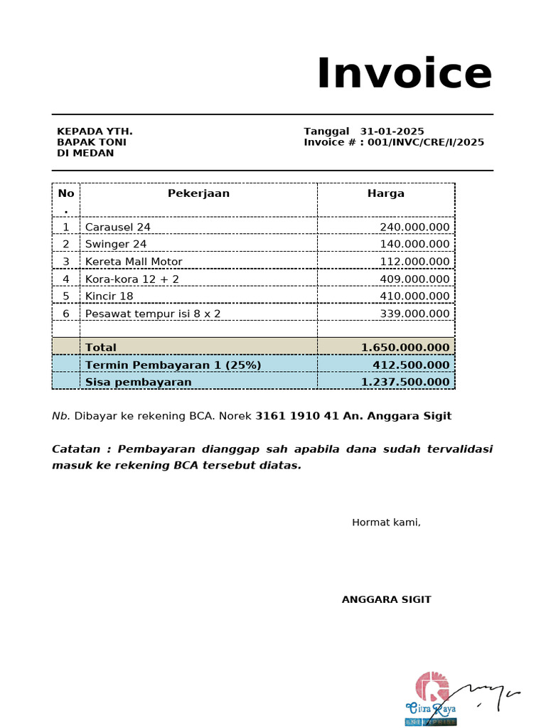 Invoice Pembayaran Proyek Anggara Sigit | PDF
