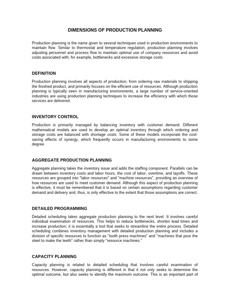 Dimensions of Production Planning | PDF | Inventory | Production And ...