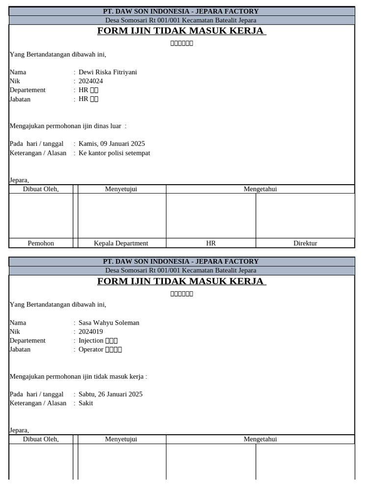 ForM Ijin Tidak Masuk Kerja | PDF