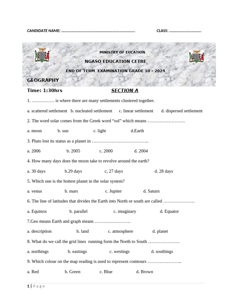 Grade 10 Geography Exam 2024 | PDF