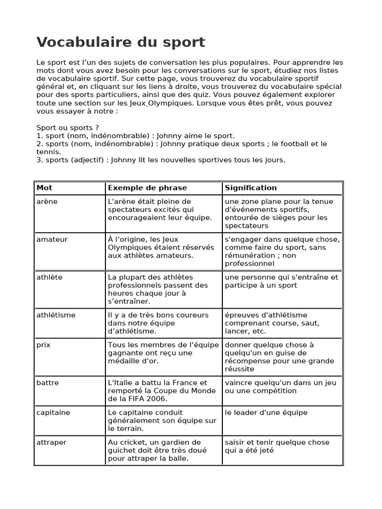 Vocabulaire du Sport Essentiel | PDF | Athlétisme | Des sports