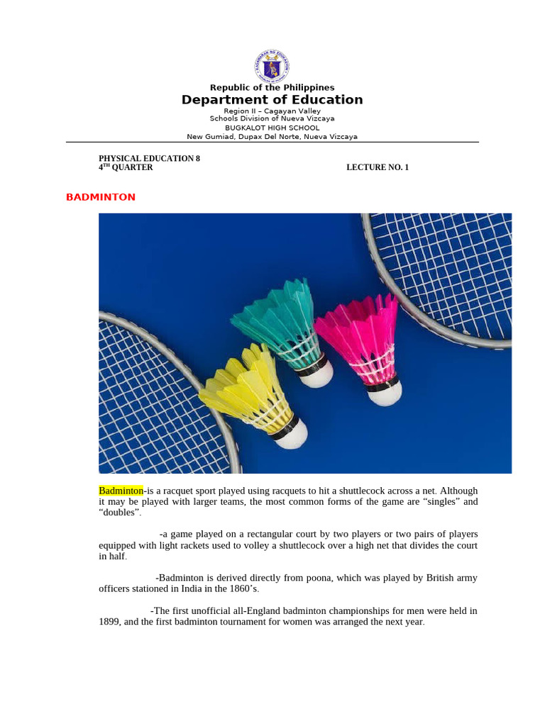 P.E BADMINTON 8 4th Quarter | PDF