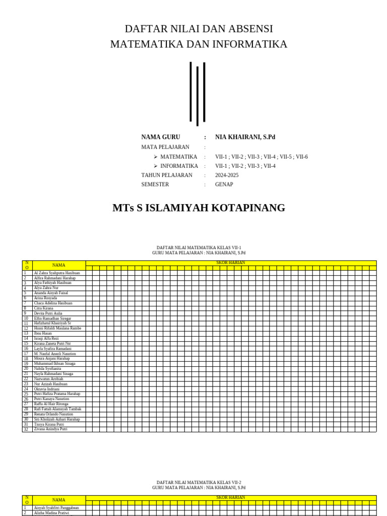 Format Daftar Nilai Siswa | PDF