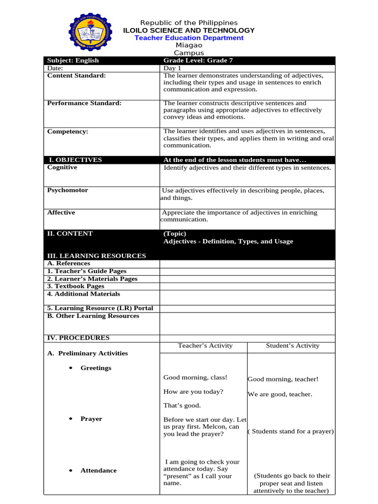 Esp Lesson Plan Group Uyaya | PDF | Adjective | Linguistic Typology